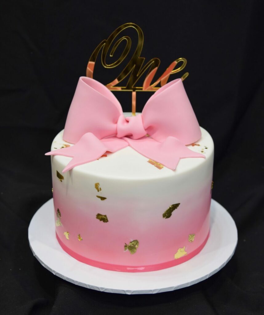 Pink Ombre and Bow with Gold Leaf – Heidelberg Cakes